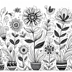 Printable Whimsical Doodle Flowers Coloring Pages Adult Coloring Book ...
