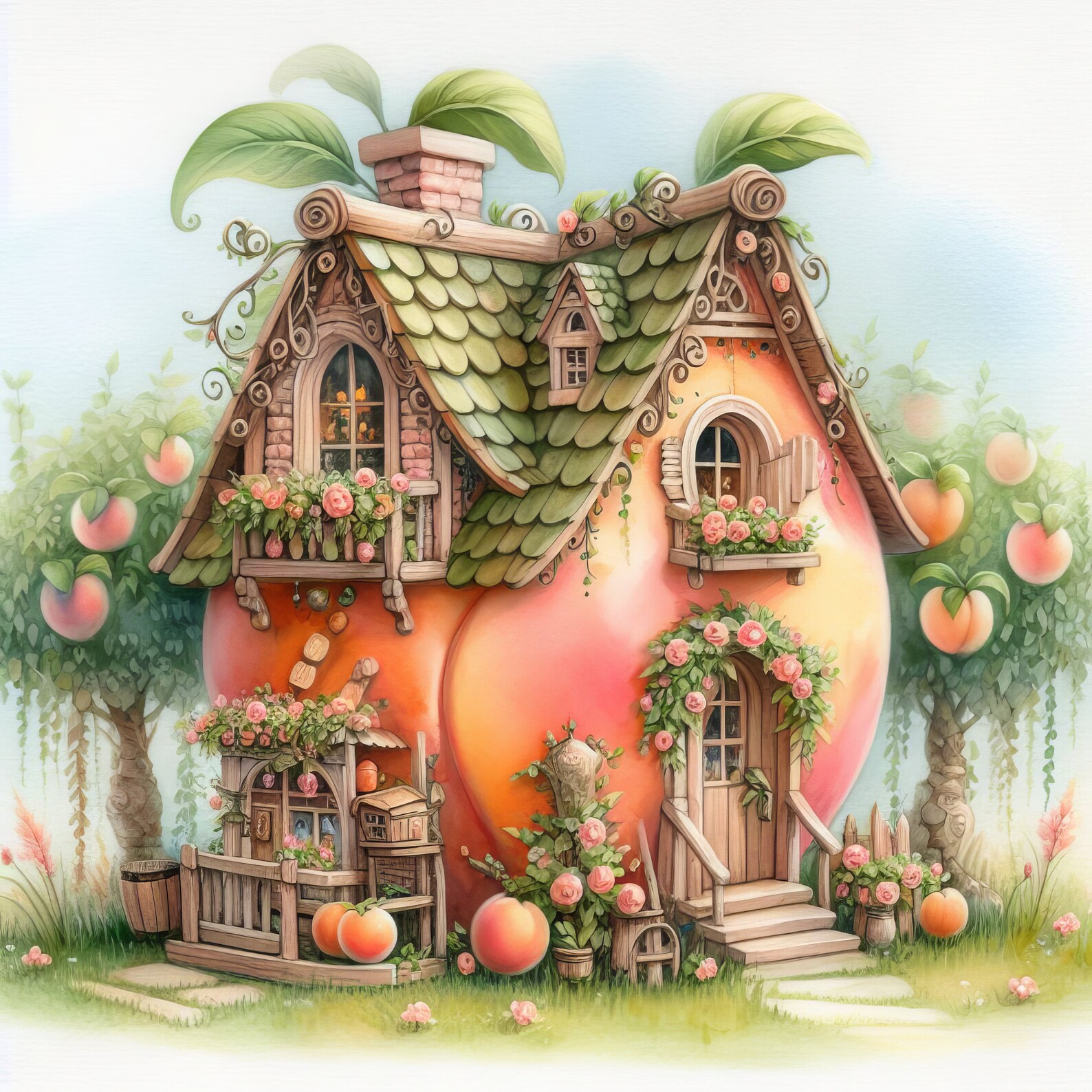 Peach Cottages Whimsical, Forest, Fruit, Digital Art, Card Making ...