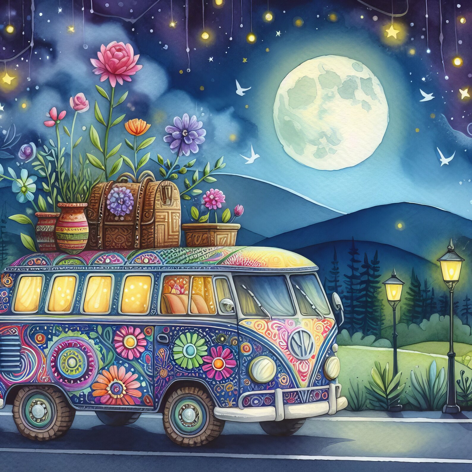 Whimsical Hippie Buses 1960's, Digital Art, Card Making, Scrapbooking, Junk Journaling ...