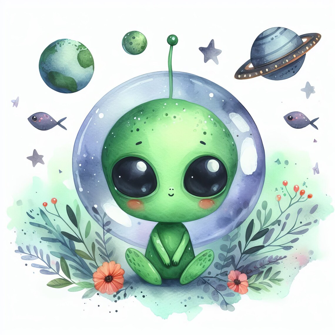 Whimsical Green Aliens V2 Halloween, Monsters, Wall Art, Card Making ...