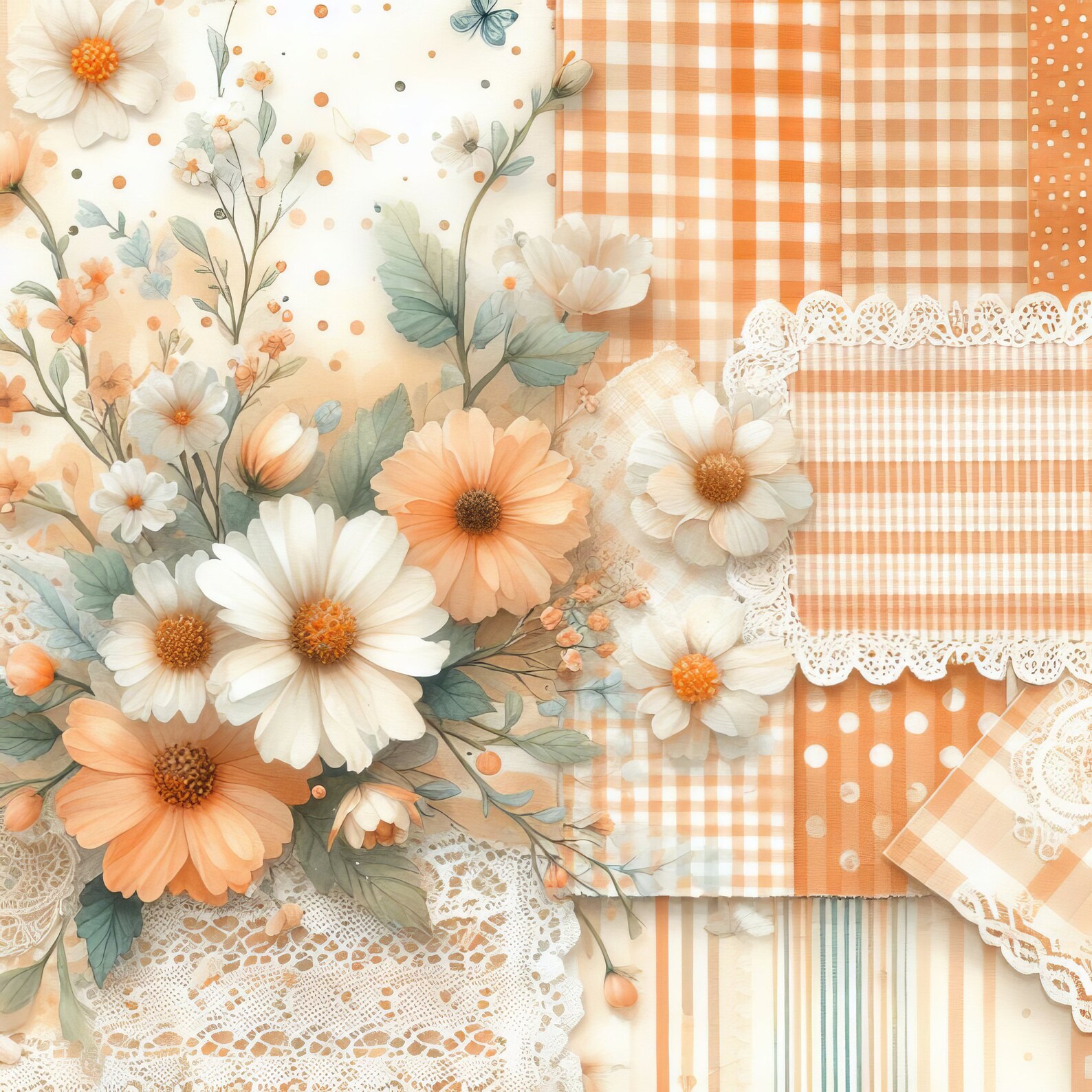 Orange Calico Digital Papers Pastel, Digital Art, Card Making ...
