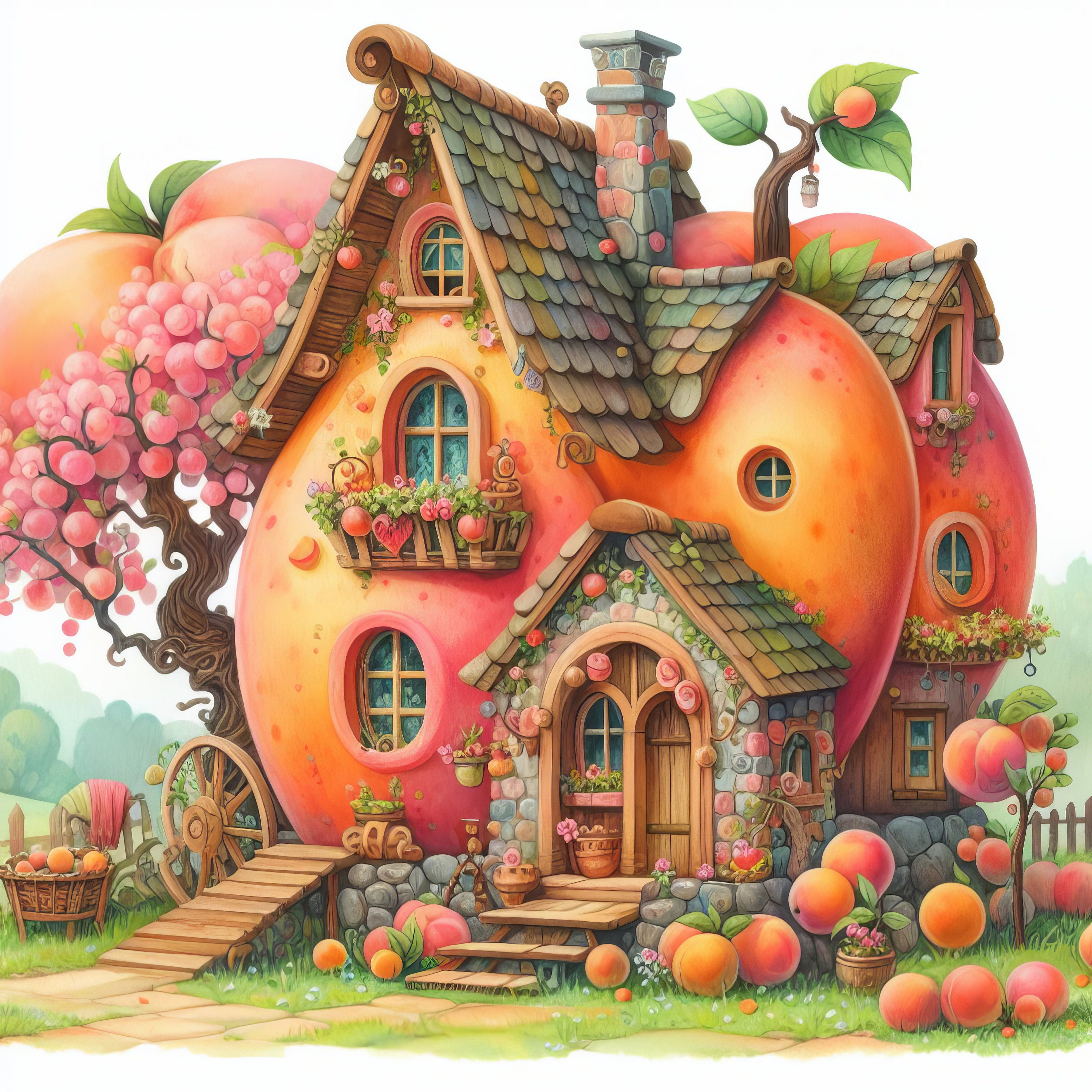 Peach Cottages Whimsical, Forest, Fruit, Digital Art, Card Making ...