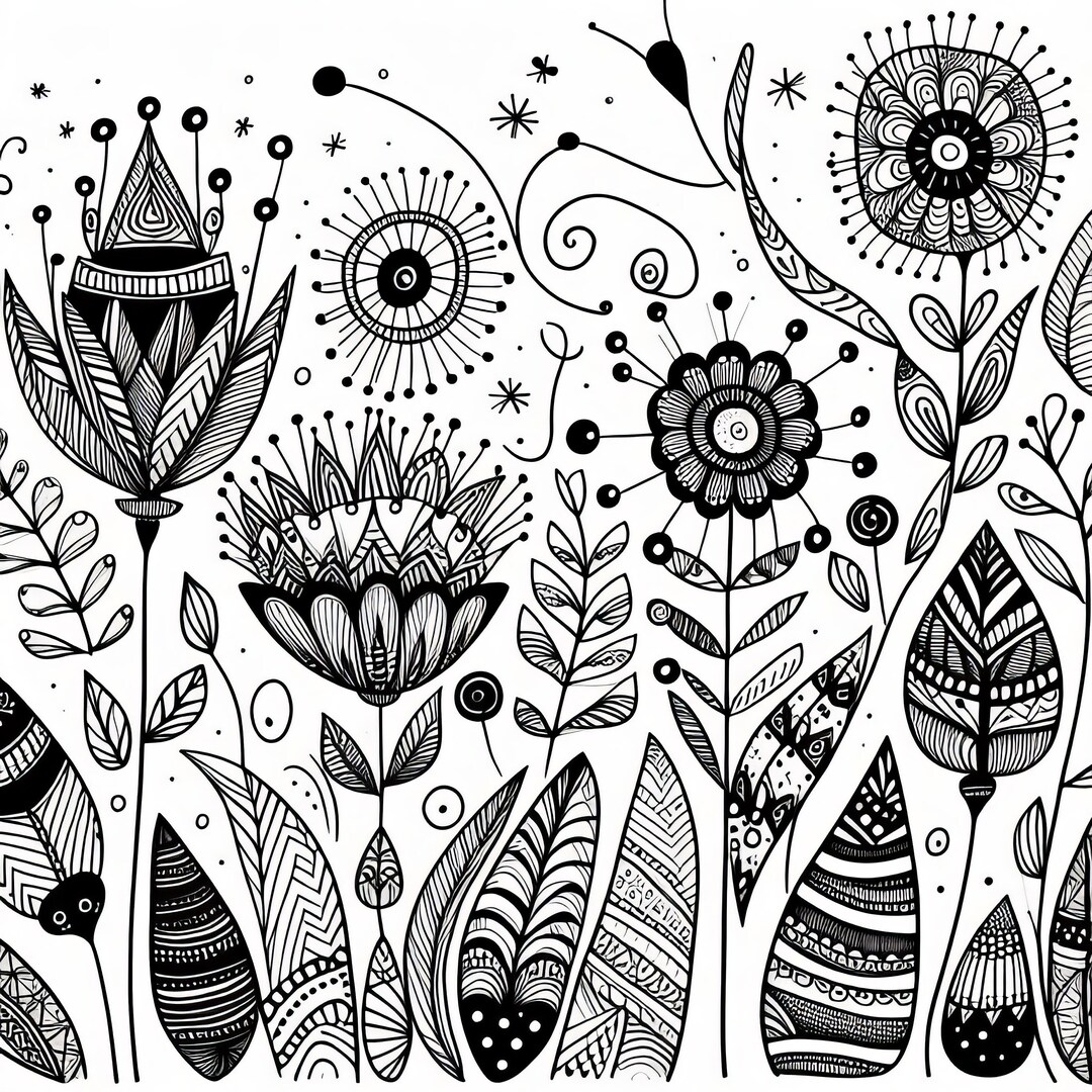 Printable Whimsical Doodle Flowers Coloring Pages Adult Coloring Book ...