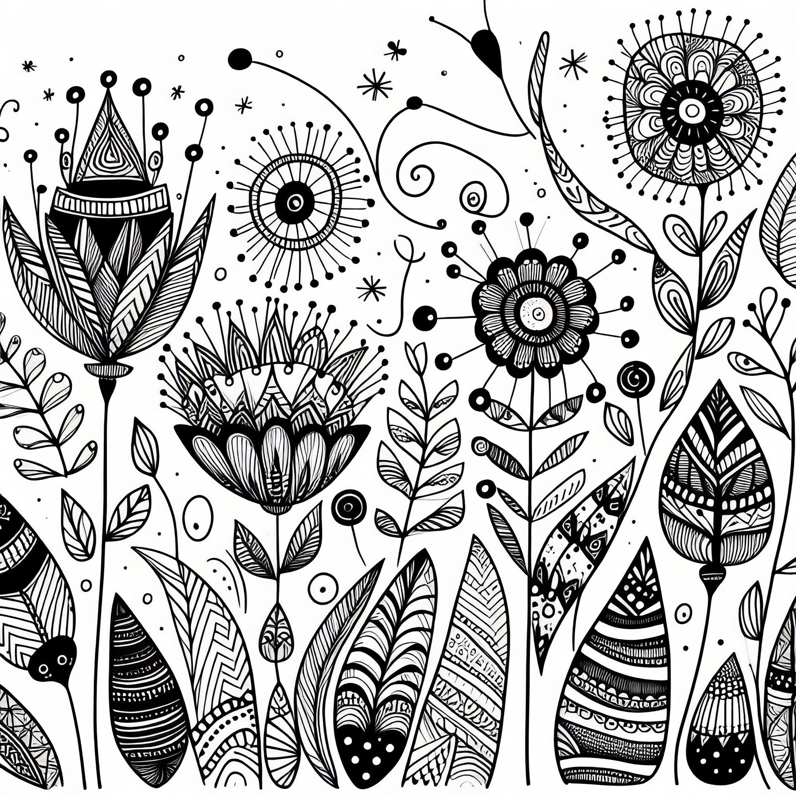 Printable Whimsical Doodle Flowers Coloring Pages Adult Coloring Book ...