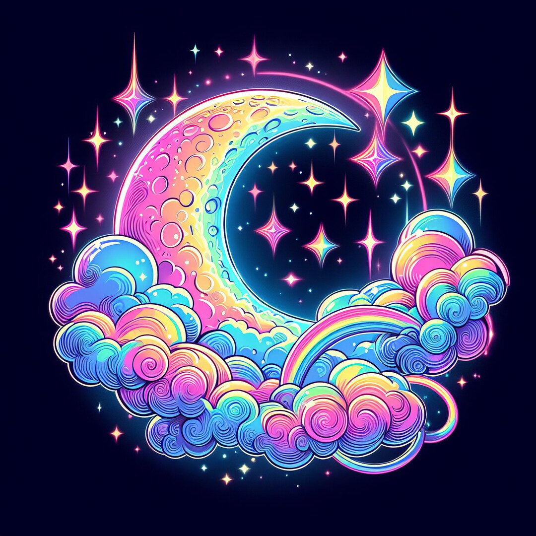 Lisa Frank Inspired Neon Moons Digital Art, Retro, 80's, Scrapbooking ...