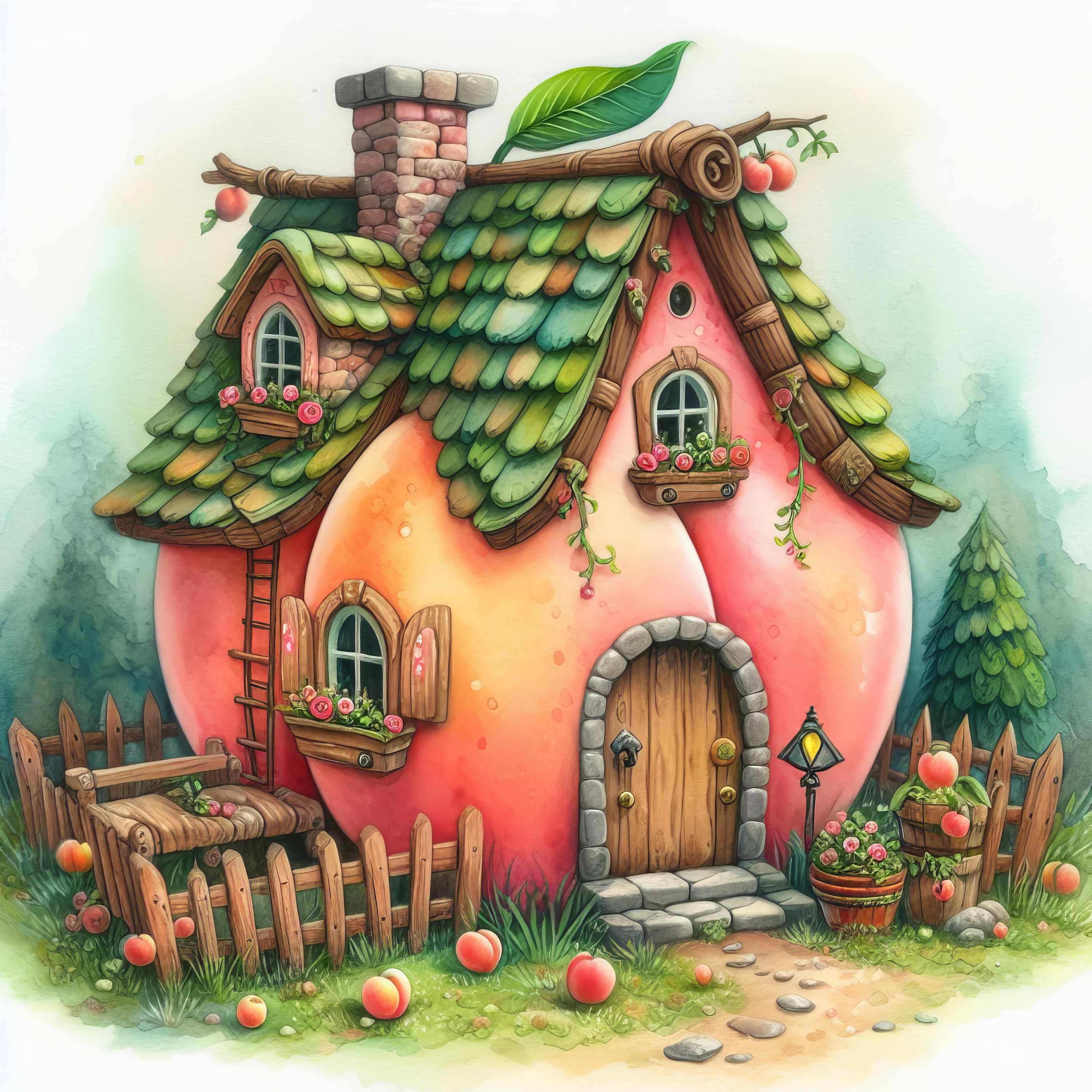 Peach Cottages Whimsical, Forest, Fruit, Digital Art, Card Making ...