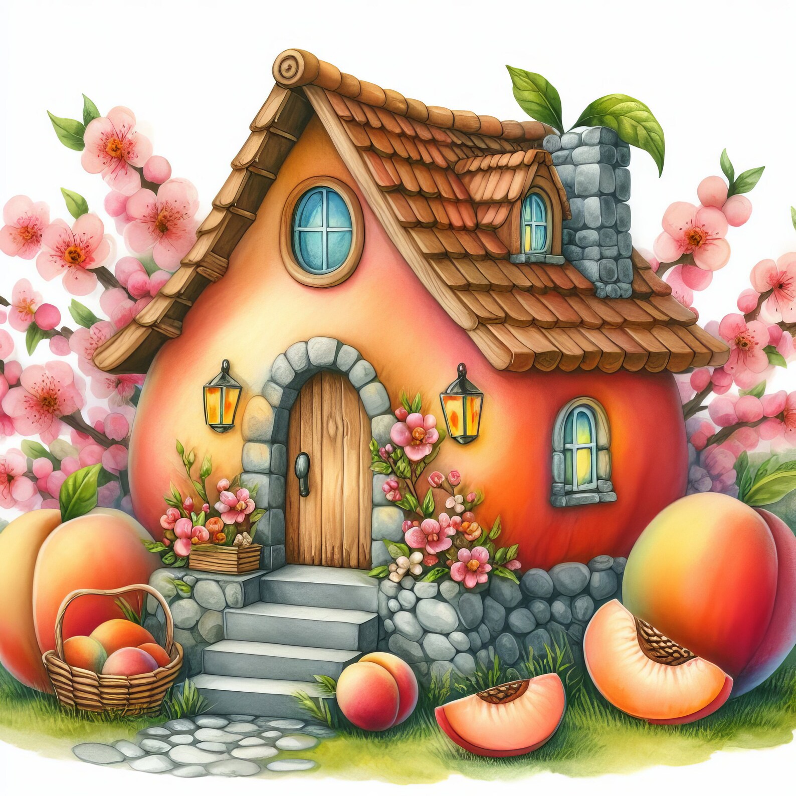 Peach Cottages Whimsical, Forest, Fruit, Digital Art, Card Making ...