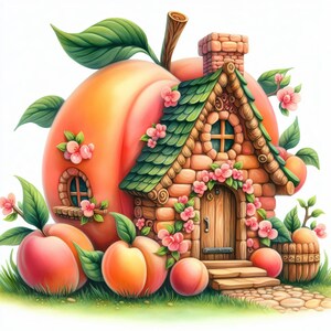 Peach Cottages Whimsical, Forest, Fruit, Digital Art, Card Making ...