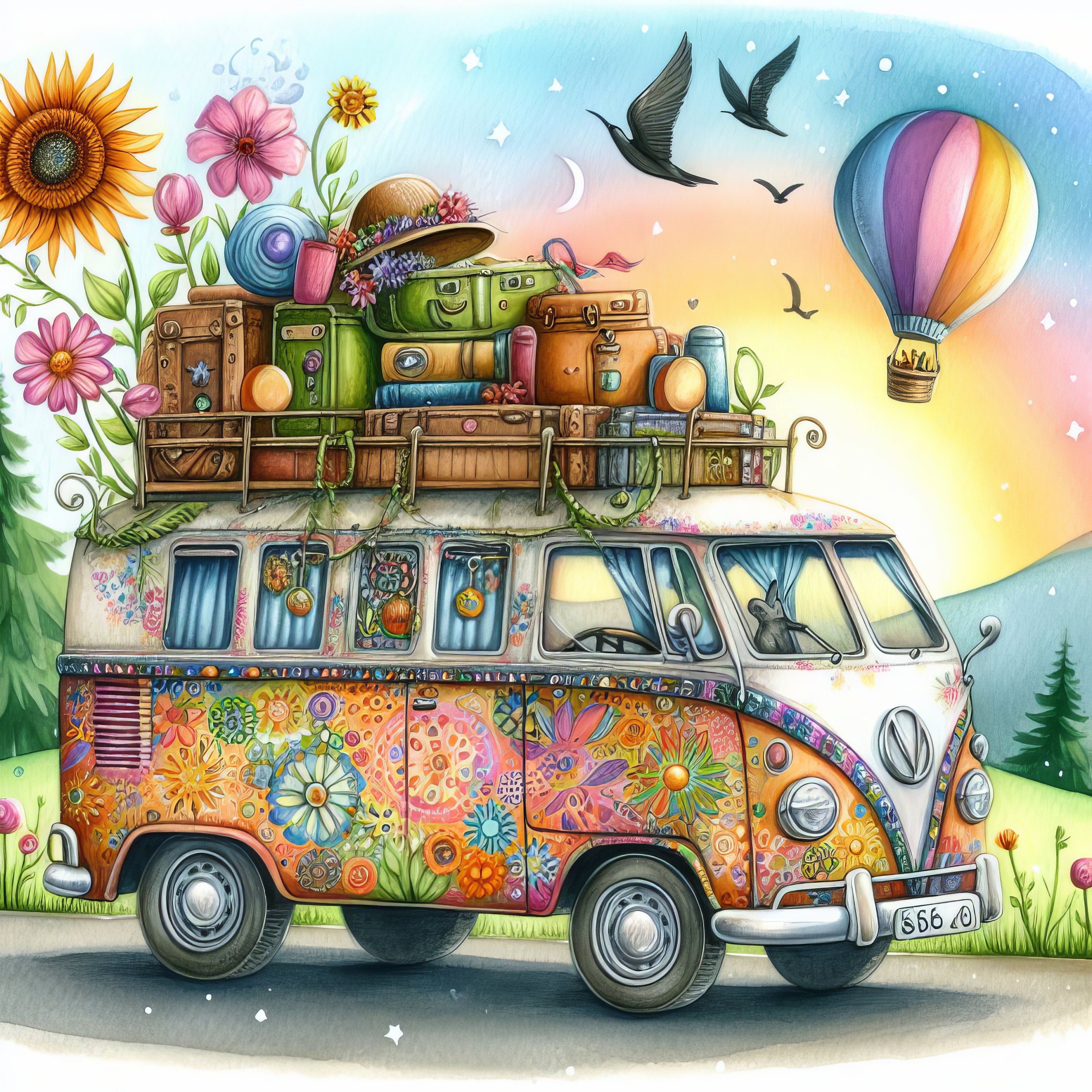 Whimsical Hippie Buses 1960's, Digital Art, Card Making, Scrapbooking ...
