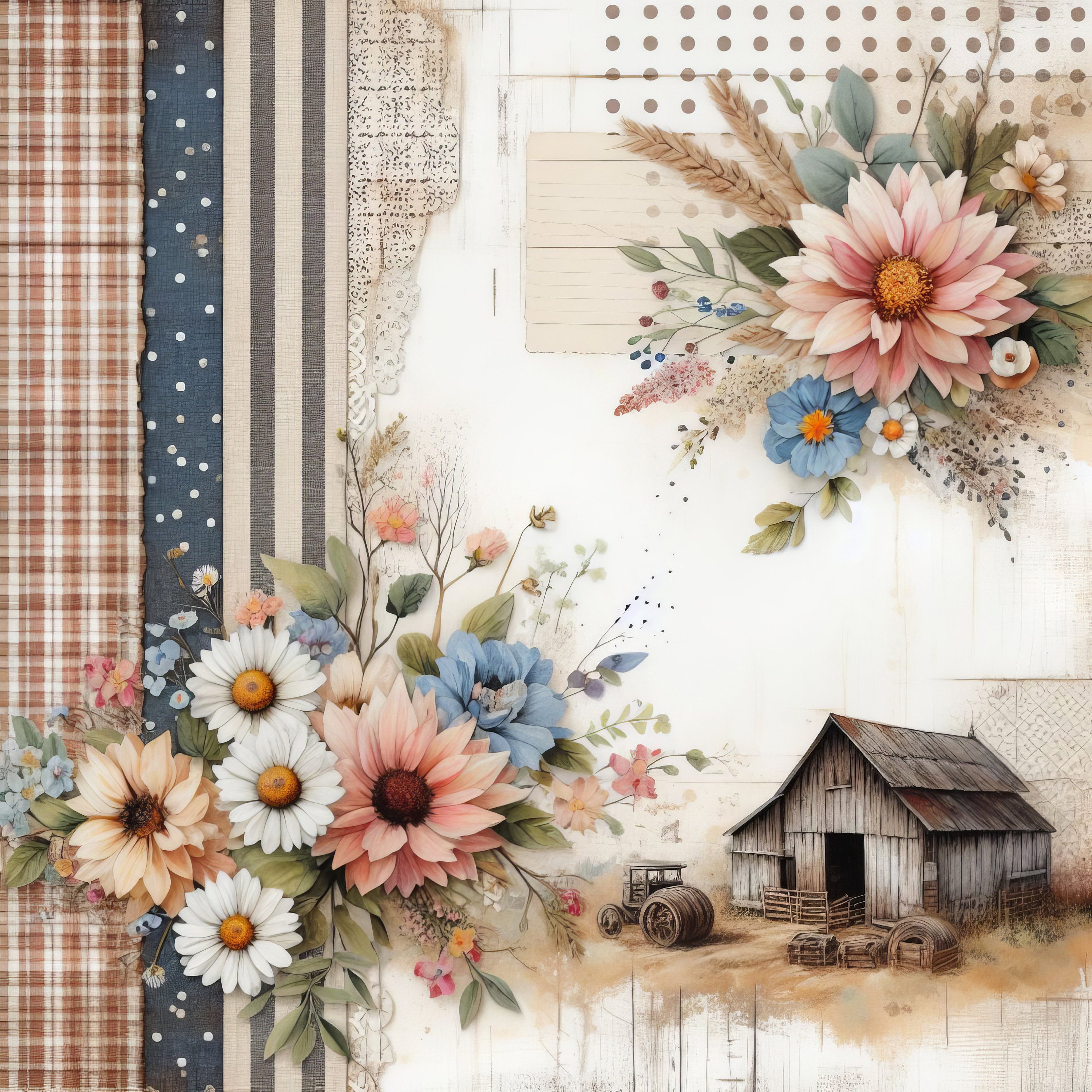 Rustic Barns Calico Digital Papers Farmhouse, Digital Art, Card Making ...