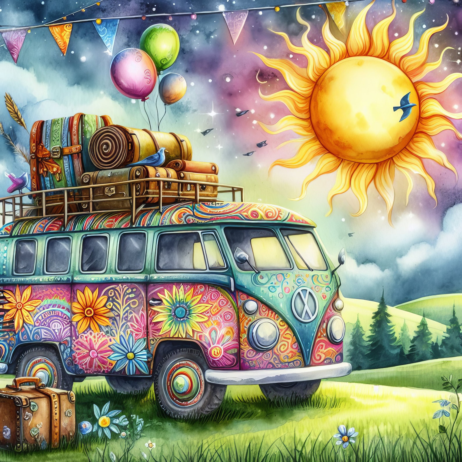 Whimsical Hippie Buses 1960's, Digital Art, Card Making, Scrapbooking, Junk Journaling ...