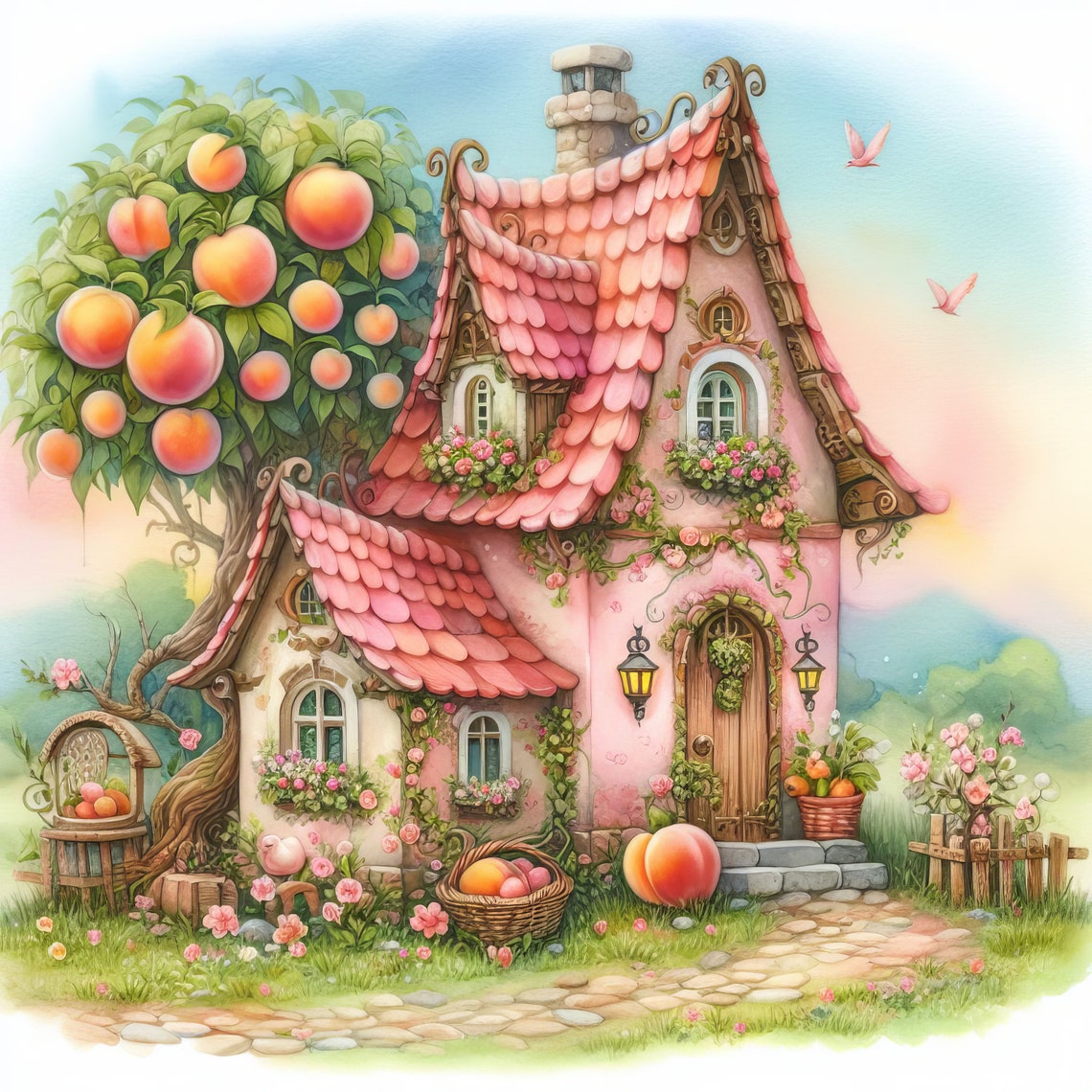Peach Cottages Whimsical, Forest, Fruit, Digital Art, Card Making ...