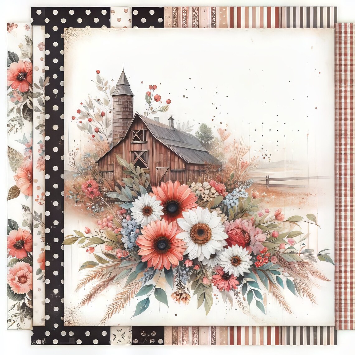 Rustic Barns Calico Digital Papers Farmhouse, Digital Art, Card Making ...