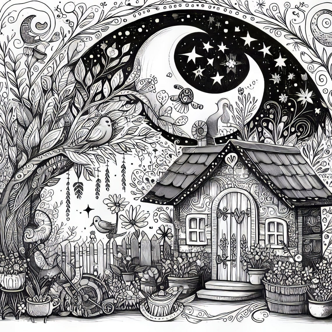 Printable Magical Garden Cottages Coloring Pages Adult Coloring Book ...