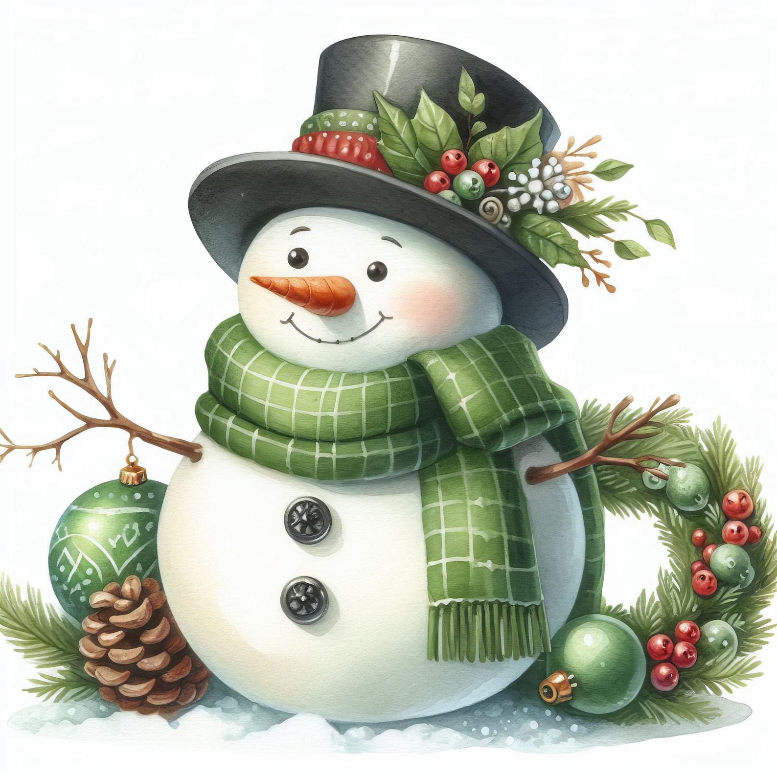 Green Snowmen Wreath, Holiday, Christmas, Winter, Digital Art, Card ...