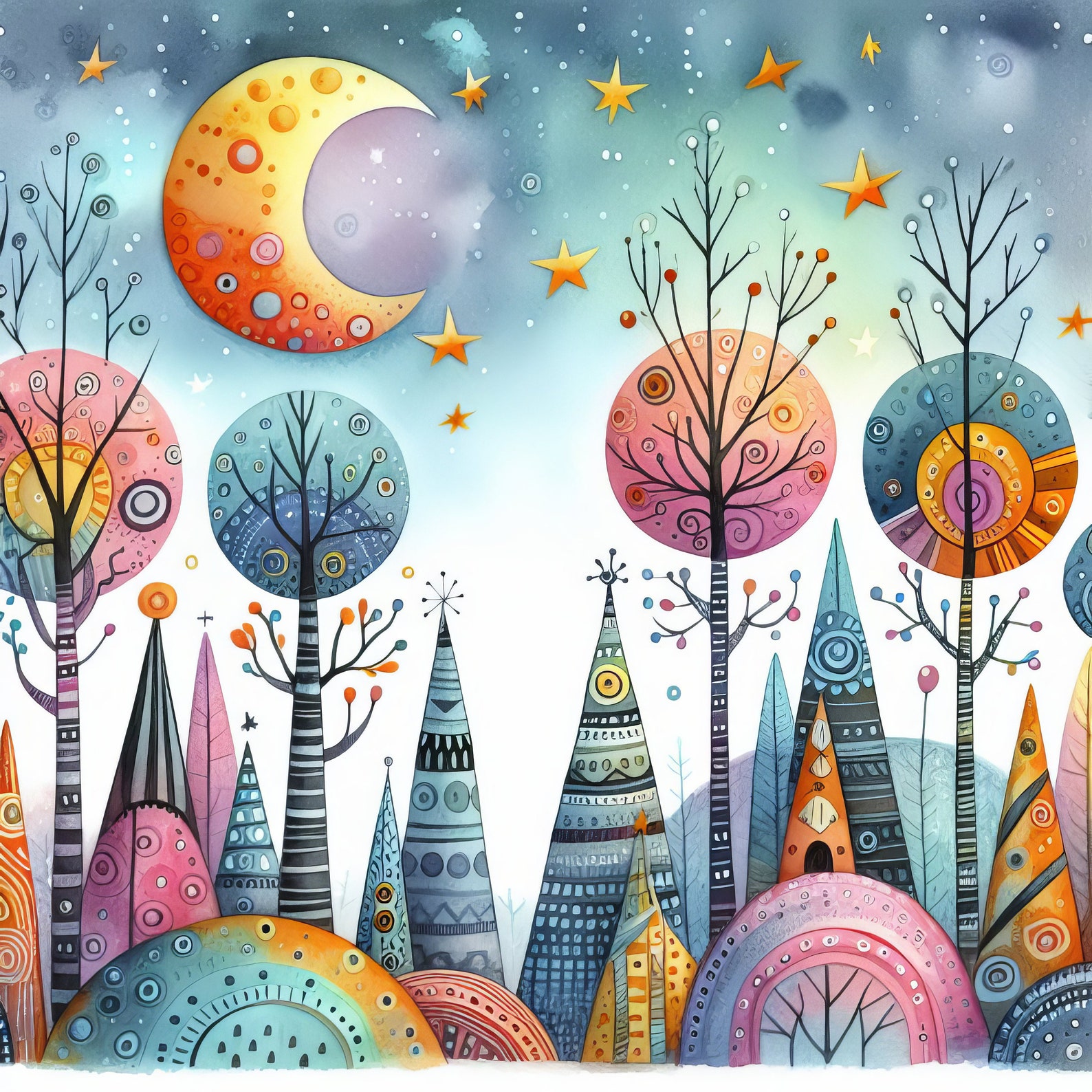 Whimsical Moon Forests Trees, Animals, Kids Room Decor, Digital Art ...