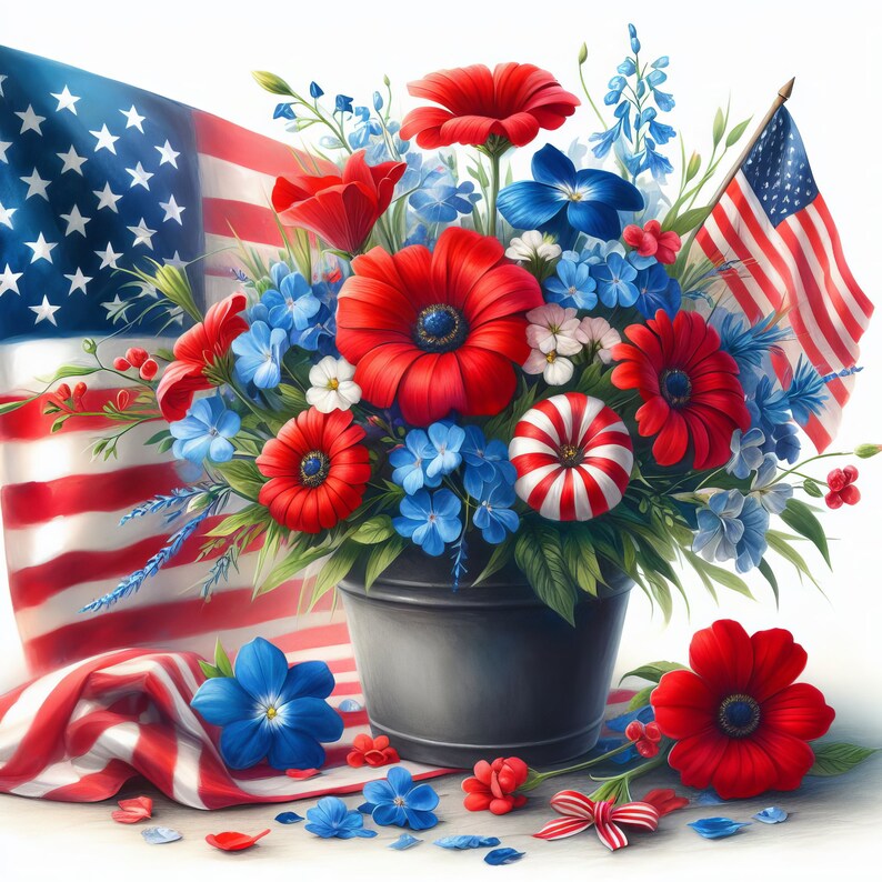Patriotic Flowers American Flag, July 4th, Digital Art, Card Making ...