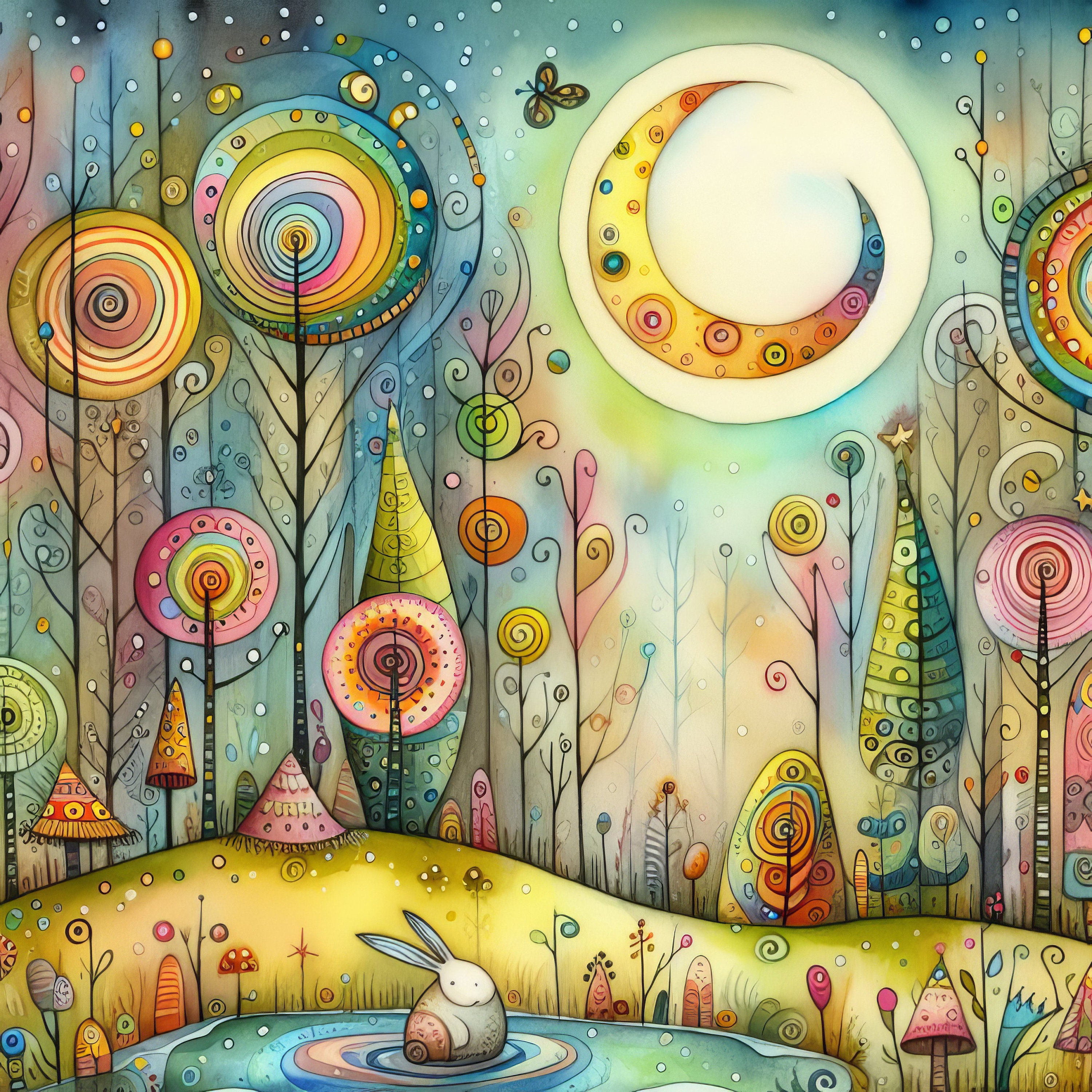 Whimsical Moon Forests Trees, Animals, Kids Room Decor, Digital Art ...
