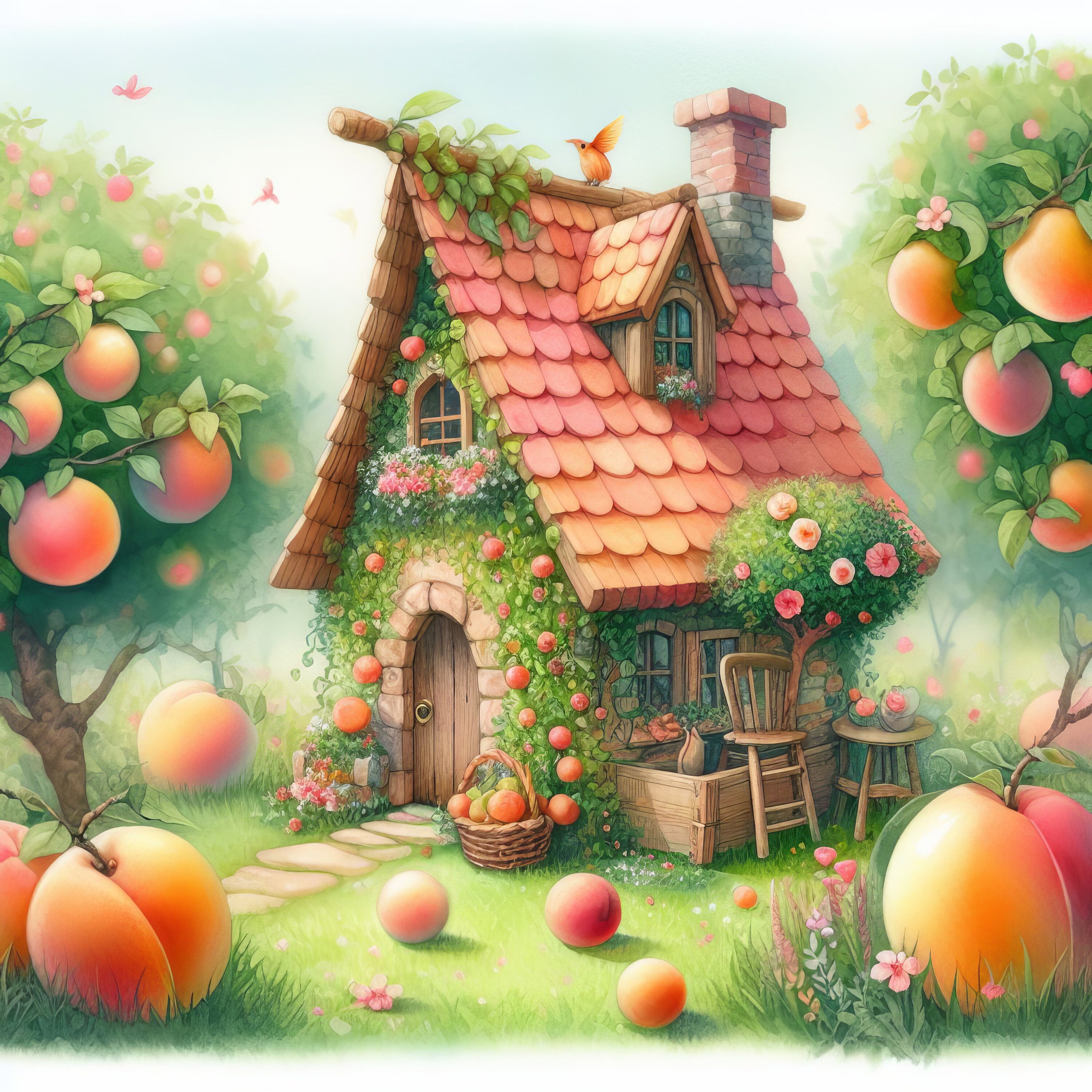 Peach Cottages Whimsical, Forest, Fruit, Digital Art, Card Making ...