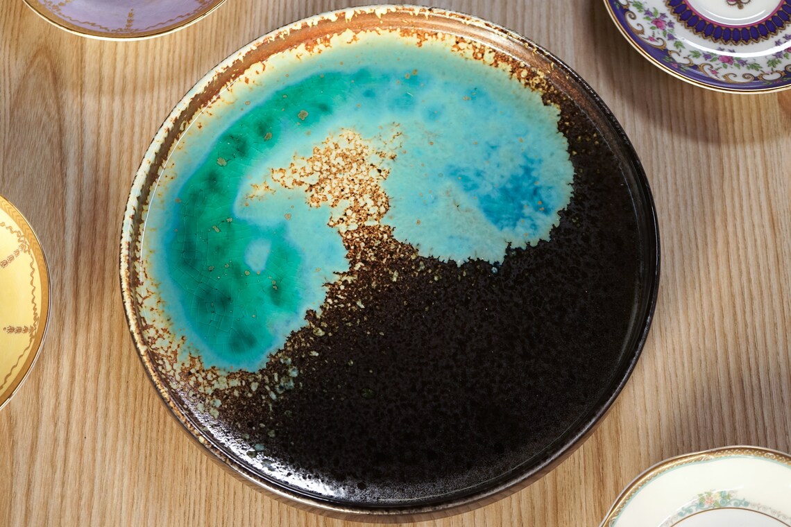 Handmade Ceramic Flat Plate in Blue and Green Glaze - Etsy