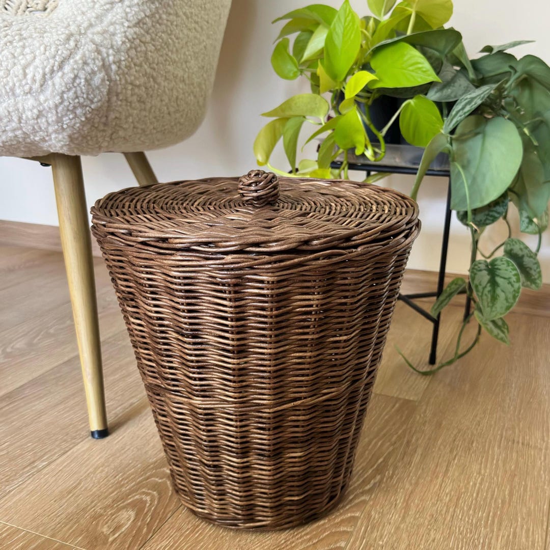 Brown Wicker Waste Basket With a Lid, Cone-shaped Trash Can for ...