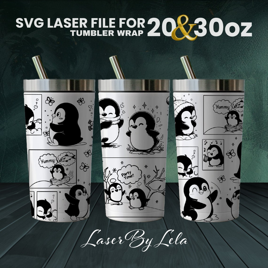 Cute Penguin Laser Engraved Full Wrap Design for 20 and 30 Oz Tumbler ...