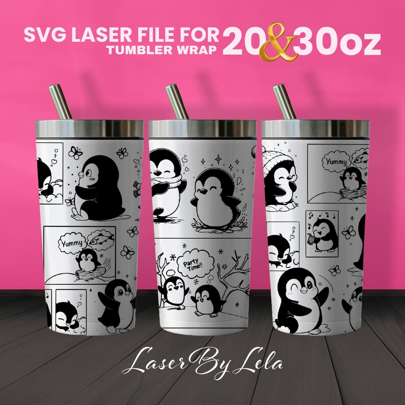 Cute Penguin Laser Engraved Full Wrap Design for 20 and 30 Oz Tumbler ...