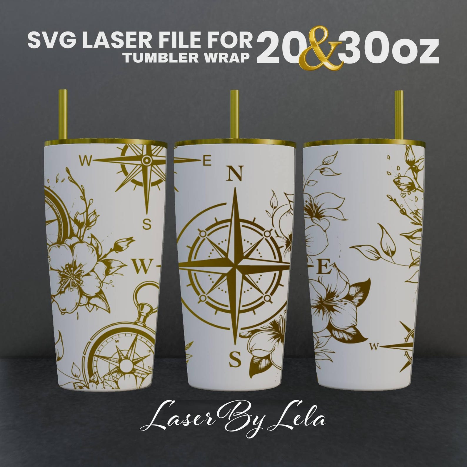 Floral Compass Laser Engraved Full Wrap Design for 30 and 20 Oz Tumbler ...