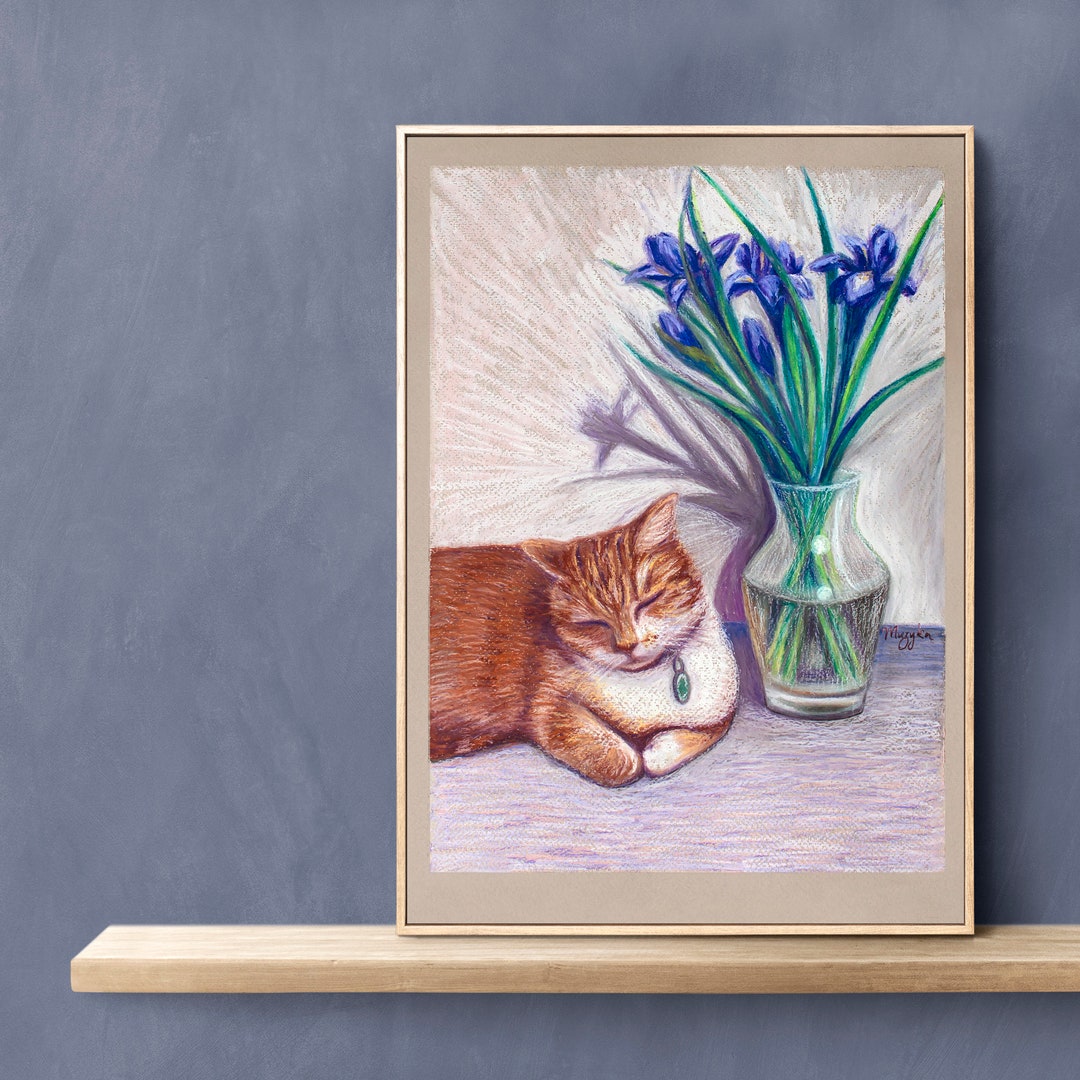 Sleeping Red Cat Painting Oil Pastel Spring Flowers Vase Blue Iris Wall ...