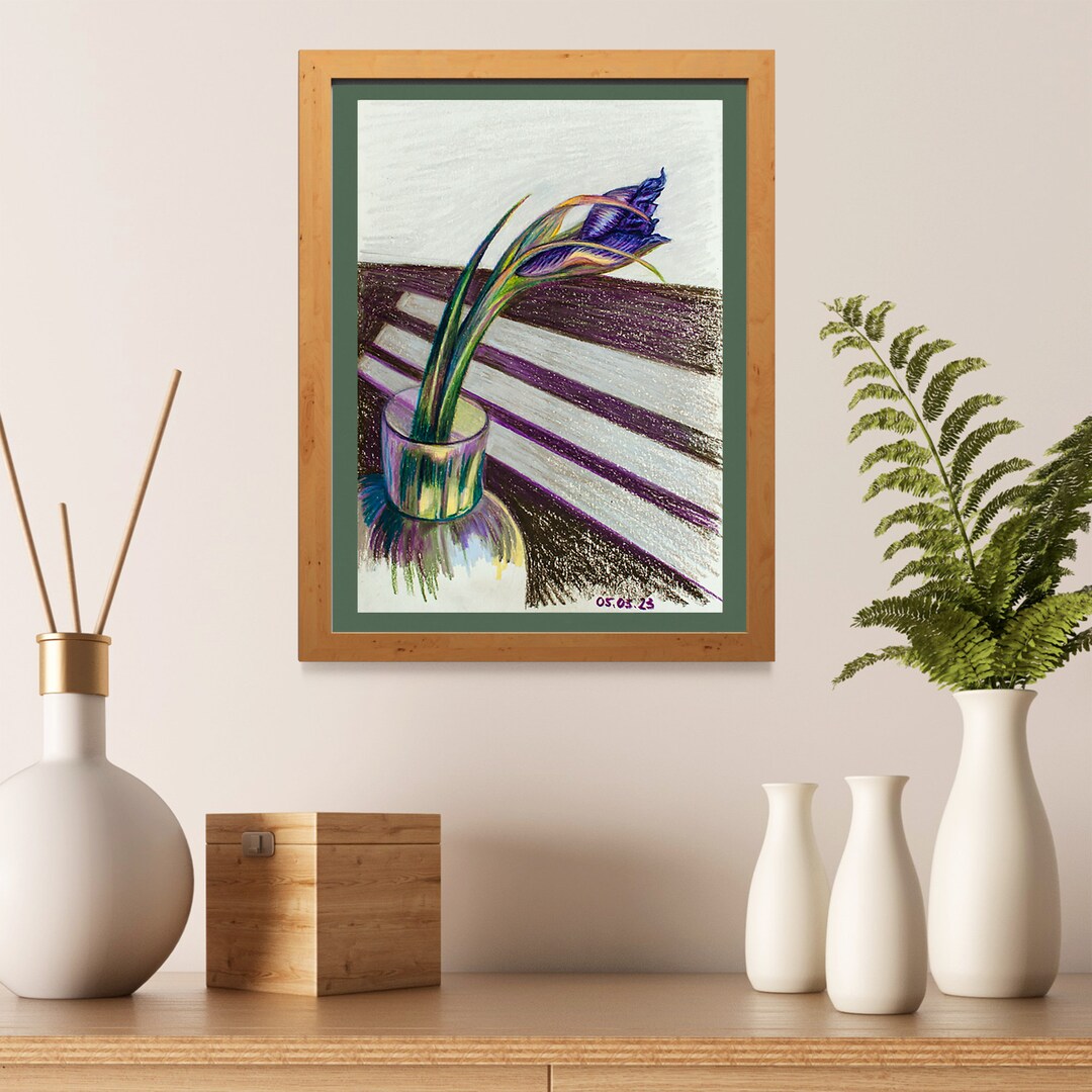 Japan Iris on Sunray Colored Pencil Drawing Purple Flowers Sketch Frameable Art 6x8 Wall Decor ...