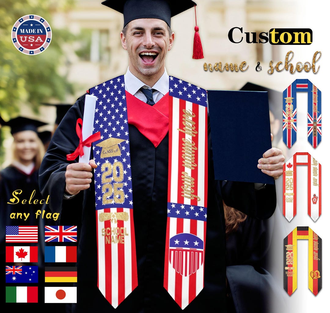 Custom Country Flag Graduation Stoles With Name and School Name ...