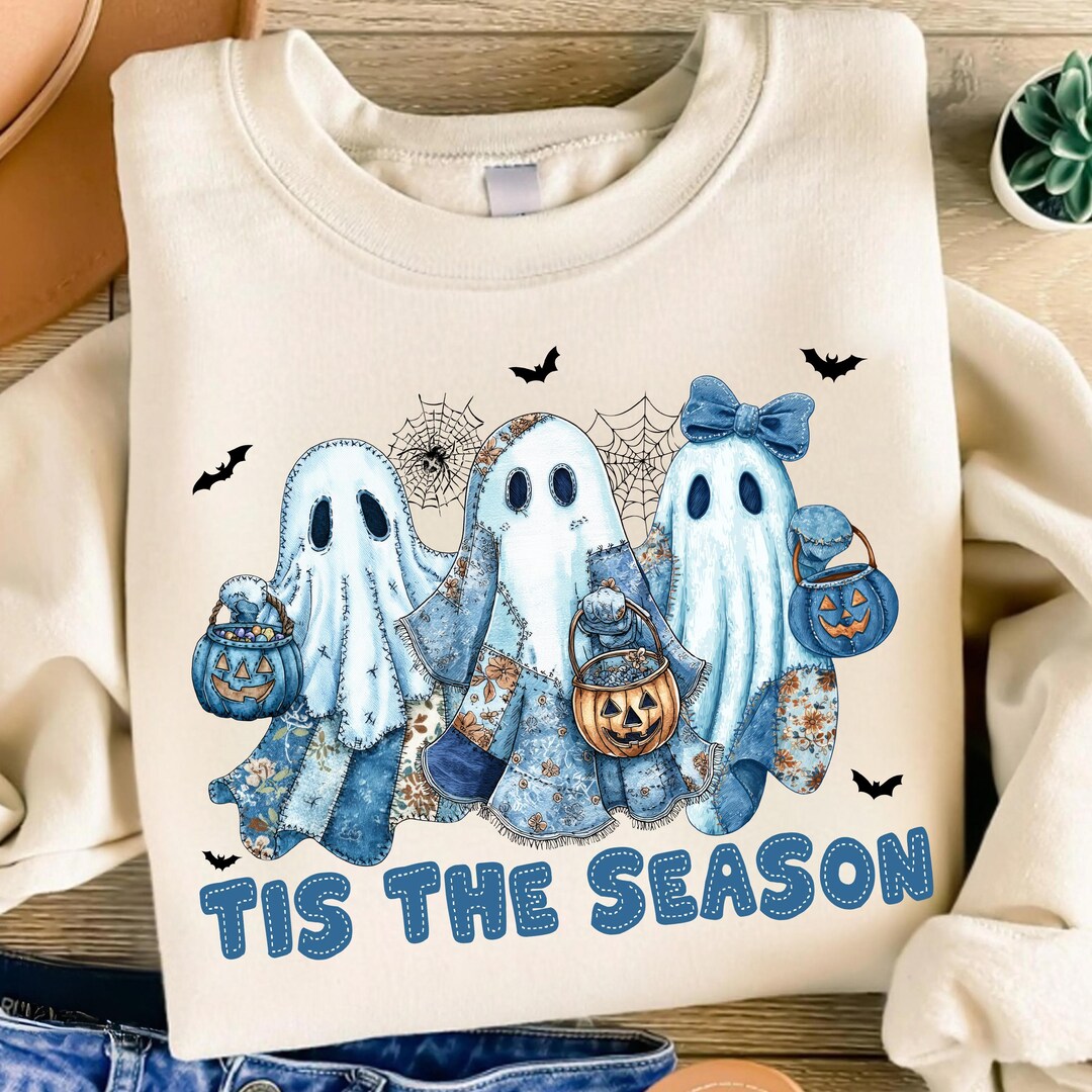 Retro Tis the Season Blue Denim Ghost Png, Trendy Patchwork Spooky ...
