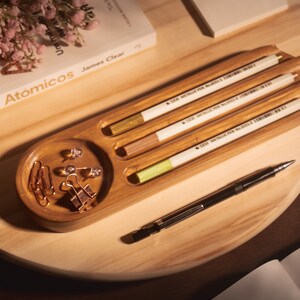 Wooden Pen Tray With Clips Holder – Handcrafted Wood Desk Organizer for ...