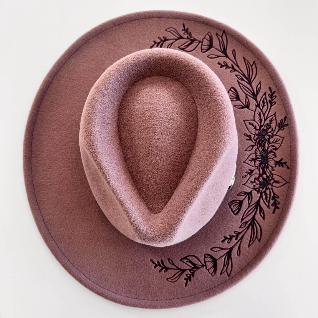 Engraved Burnt Wide Brim Fedora Hat Wild Flowers Design Chocolate Brown ...