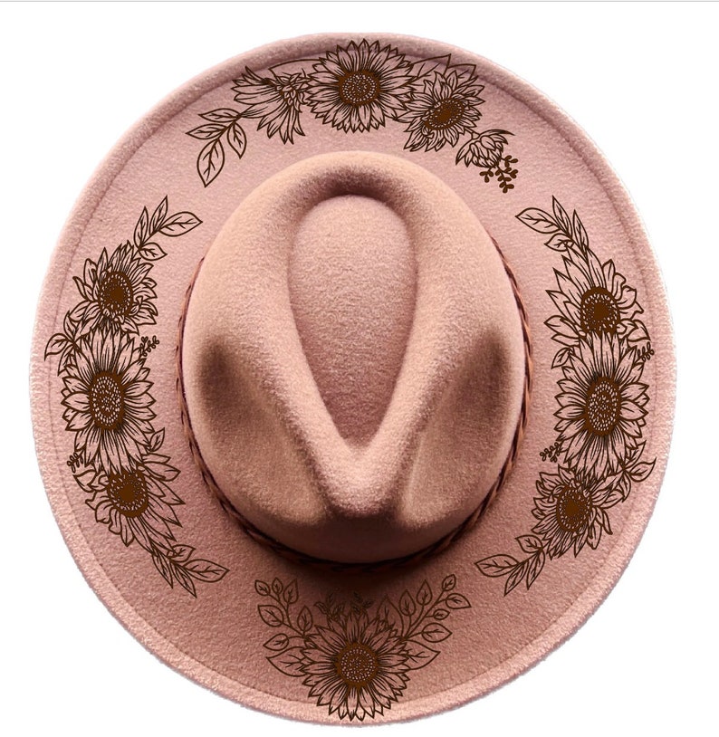 Engraved Burnt Wide Brim Fedora Hat Sunflowers Design Chocolate Brown ...