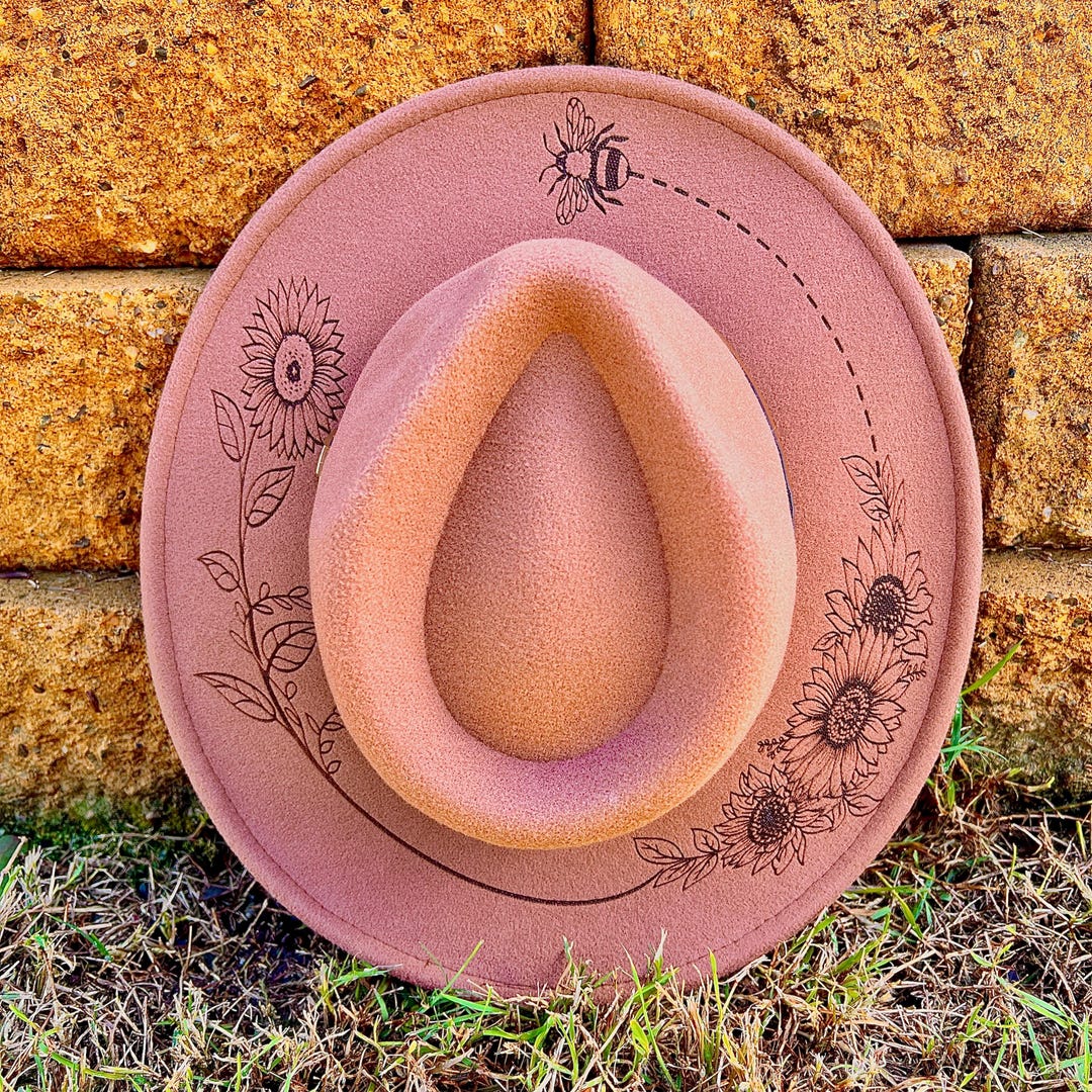 Engraved Burnt Wide Brim Fedora Hat Sunflowers Bee Design Chocolate ...