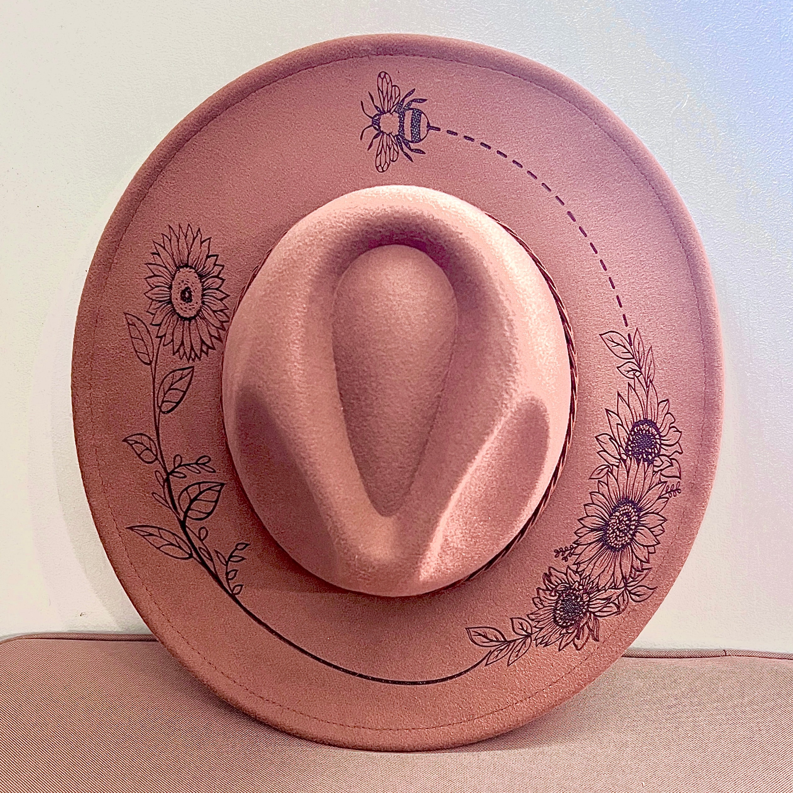 Engraved Burnt Wide Brim Fedora Hat Sunflowers Bee Design Chocolate ...