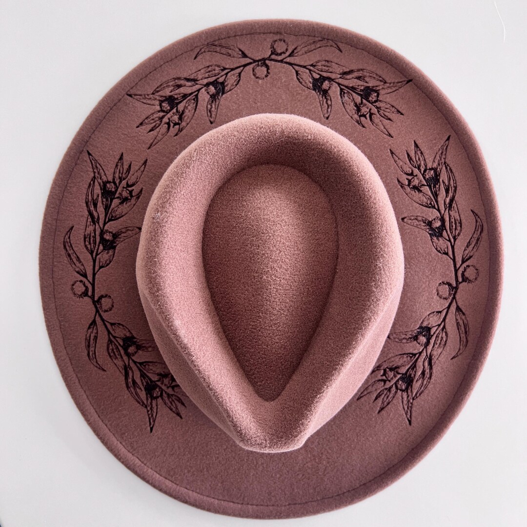 Engraved Burnt Wide Brim Fedora Hat Eucalyptus Design Chocolate Brown ...