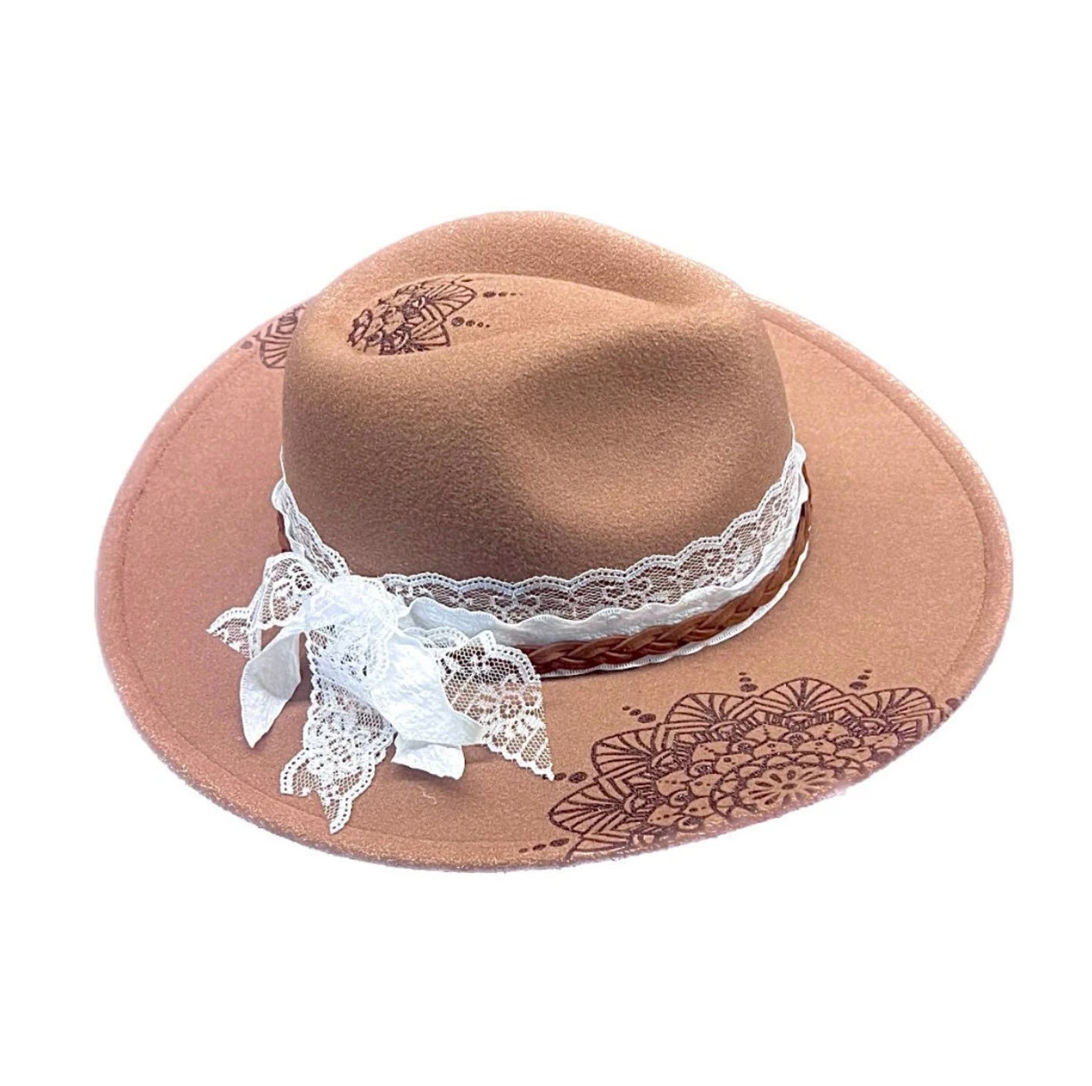 Engraved Wide Brim Fedora Hat Mandala Design With Statement Lace Band ...