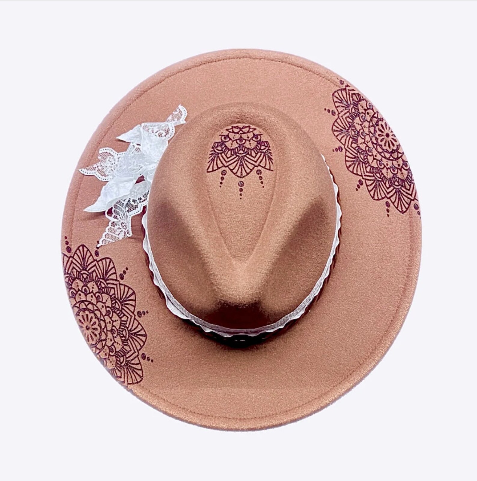 Engraved Wide Brim Fedora Hat Mandala Design With Statement Lace Band ...