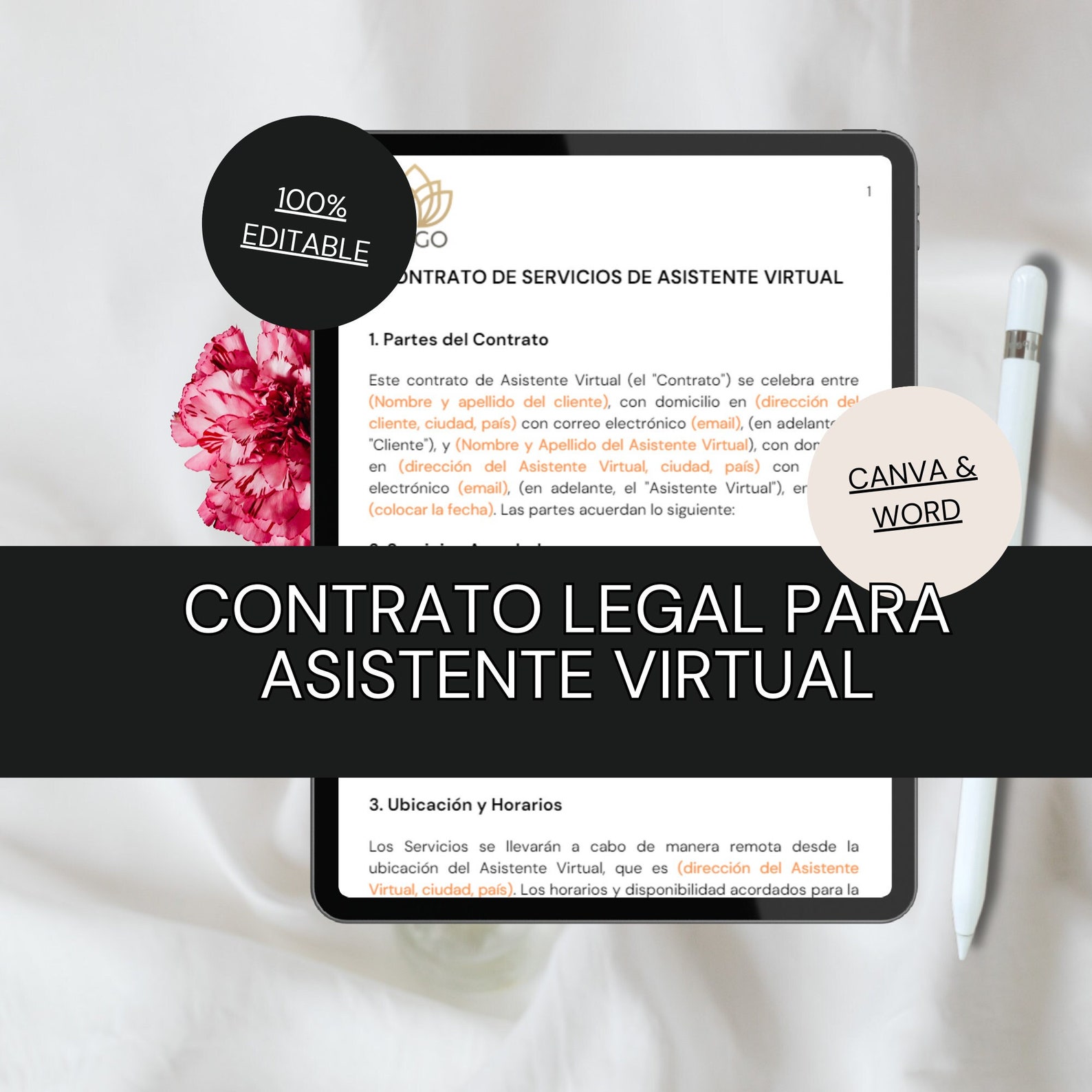 Contrato Legal Para Asistente Virtual 100% Editable En Canva Y Word ...