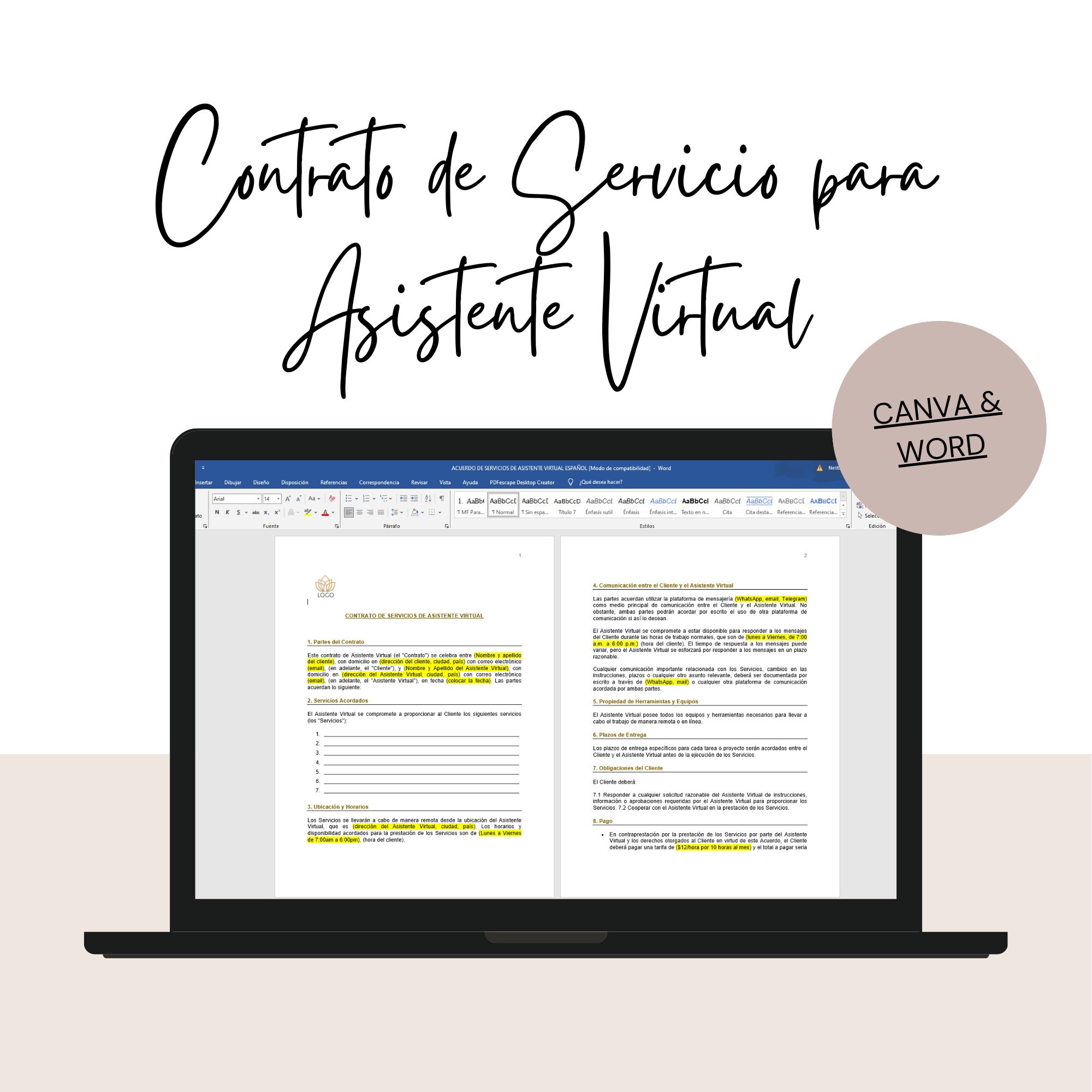 Contrato Legal Para Asistente Virtual 100% Editable En Canva Y Word ...