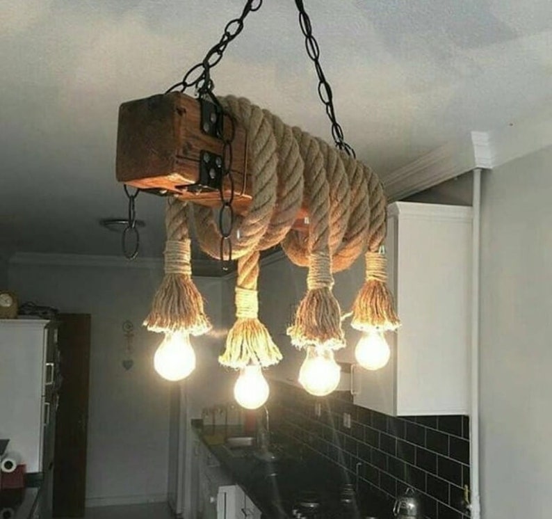 Medieval Style Rope Chandelier, Rustic Wooden Beam Pendant Lamp ...