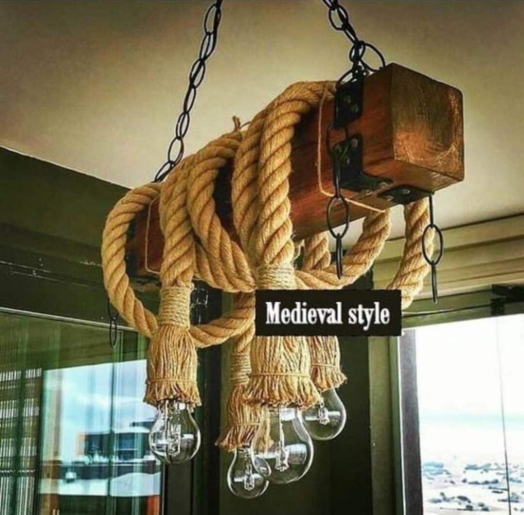 Medieval Style Rope Chandelier, Rustic Wooden Beam Pendant Lamp ...