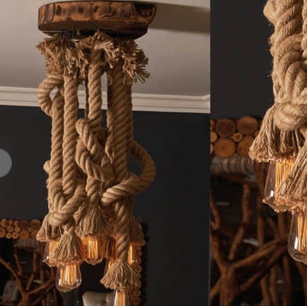 Medieval Style Rope Chandelier, Rustic Wooden Pendant Lamp, Kitchen ...