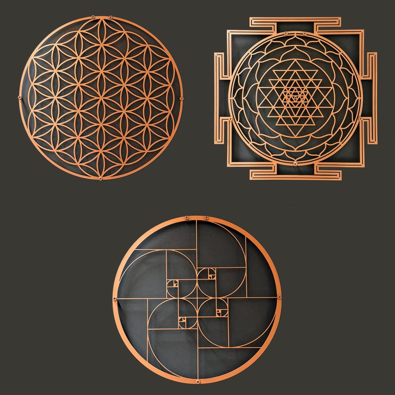 Sri Yantra Flower of Lİfe Golden Ratio Sacred Geometry Wall Art Set Zen Metal Home Decor ...