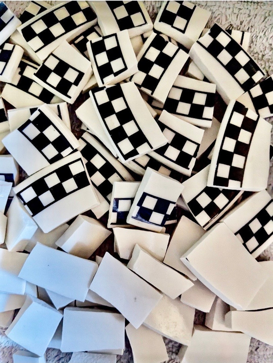 Mosaic Tiles Broken Plate Hand Cut Black and White Checkers Solids for ...