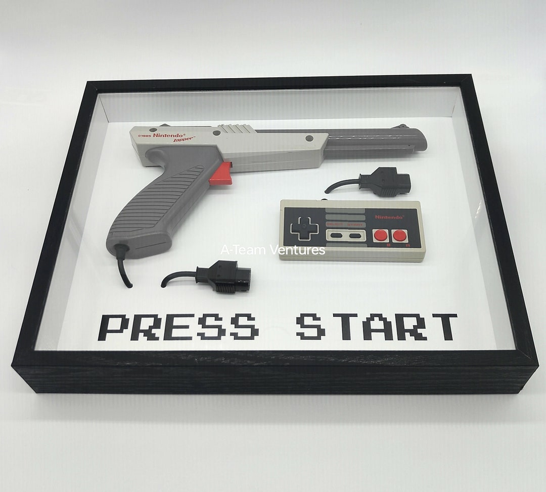 Press Start Nintendo NES OEM Controller and Zapper Light Gun Shadowbox Framed Retro Videogame ...