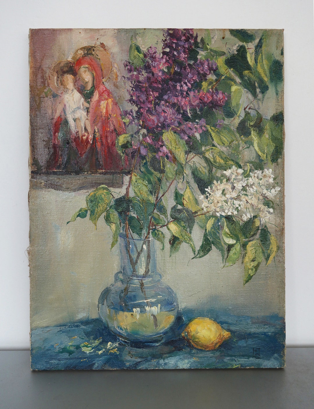 Lilac Christian Still Life on Canvas, Ukrainian Oil Painting, Religious ...