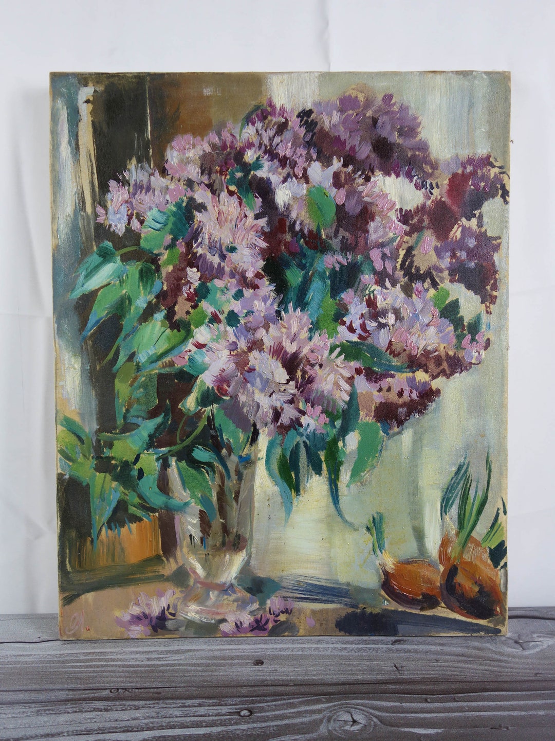 Spring Still Life Lilacs and Sprouting Onions Oil Painting on Canvas ...